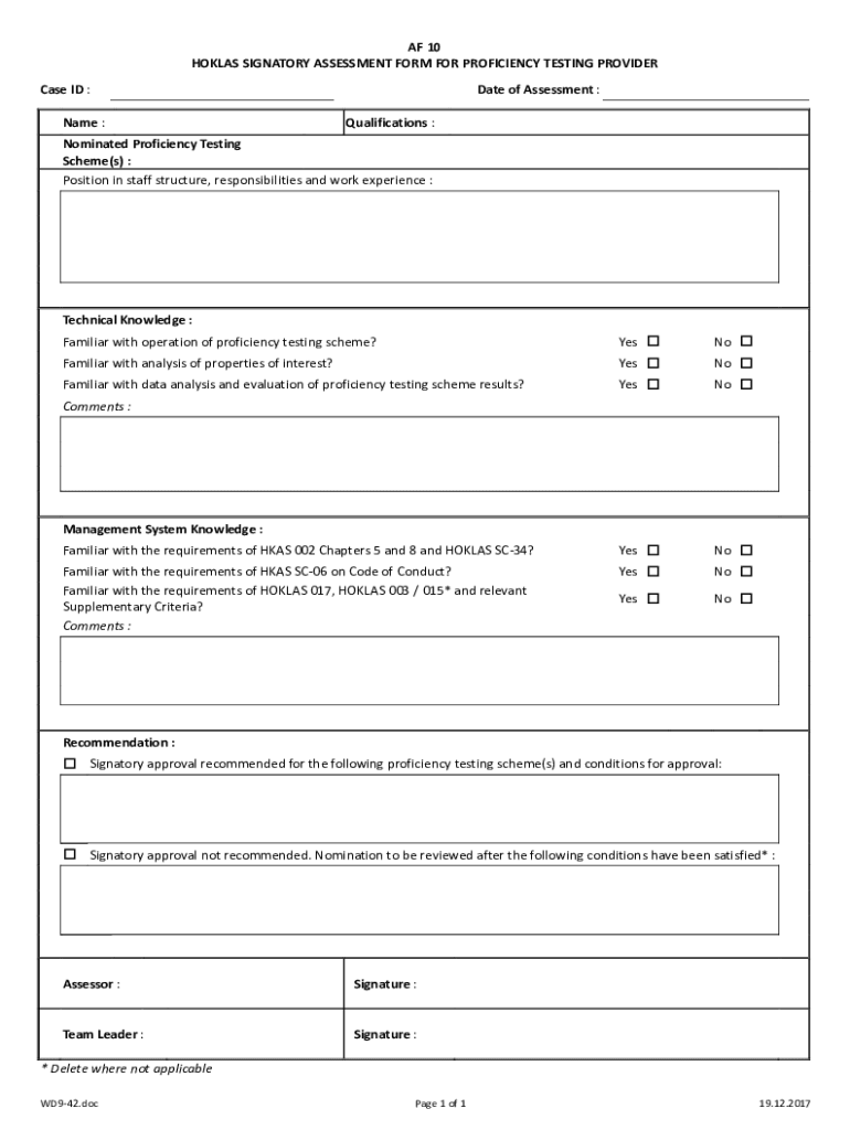 Fillable Online AF10. AF10 HOKLAS SIGNATORY ASSESSMENT FORM FOR ...