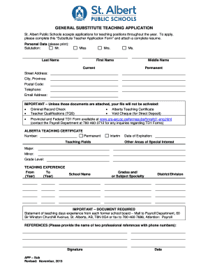 Fillable Online General Substitute Teacher Form - St Albert Public ...
