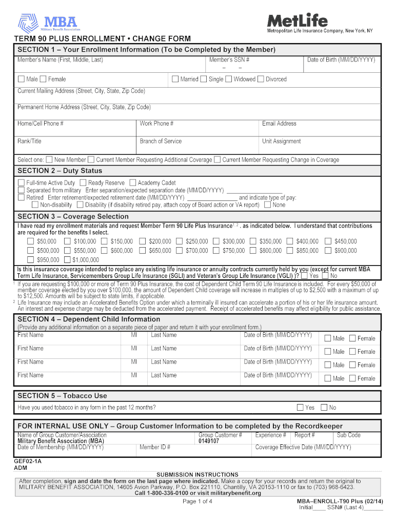 Fillable Online militarybenefit Underwritten by Metropolitan Life ...