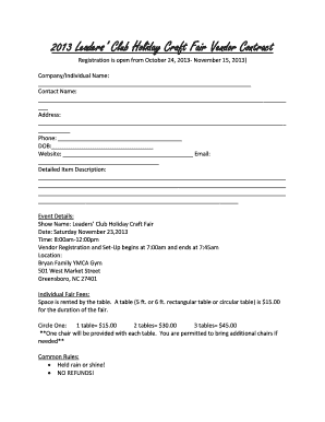 Fillable Online 2013 Leaders Club Holiday Craft Fair Vendor Contract ...