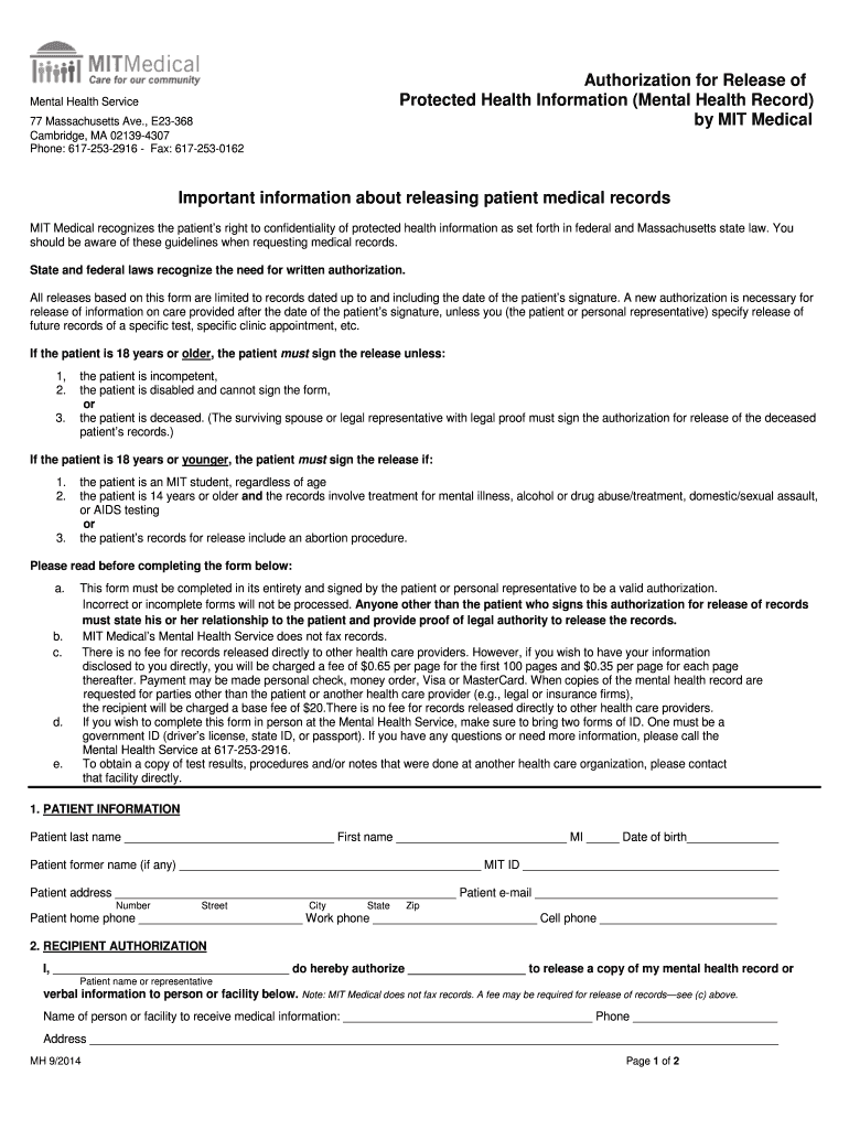 Fillable Online medical mit Authorization for Release of Protected ...