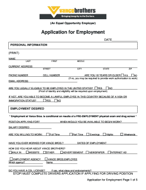 Fillable Online Application for Employment - Vance Bros Inc Fax Email ...