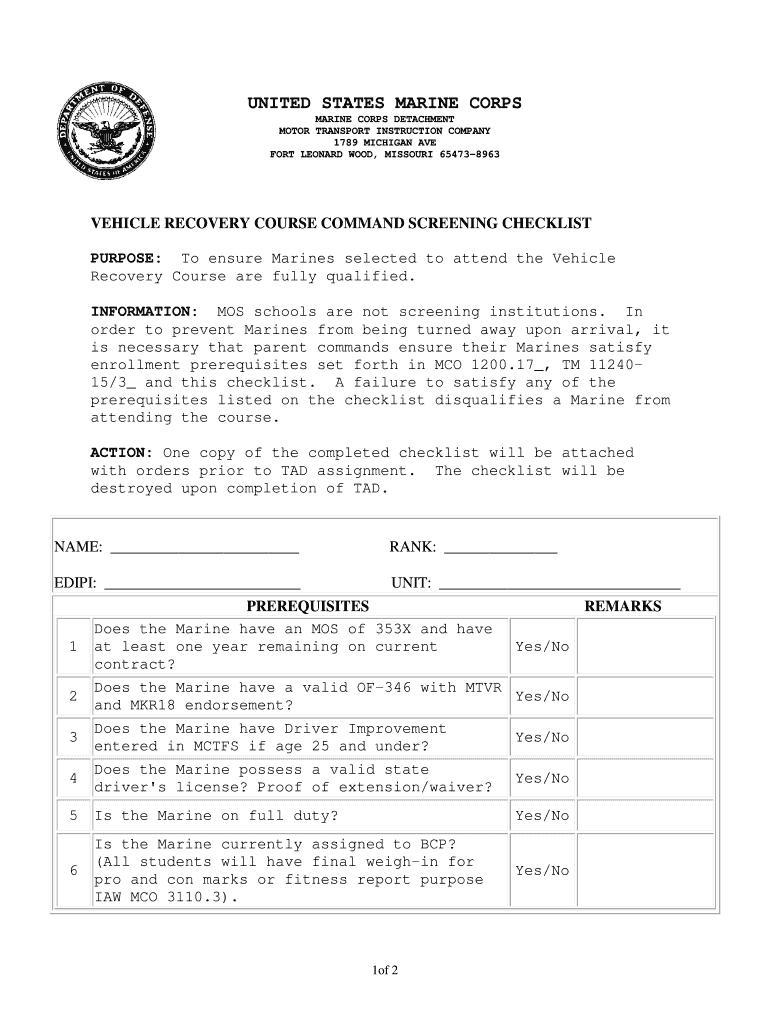 Fillable Online trngcmd marines UNITED STATES MARINE CORPS MARINE CORPS ...