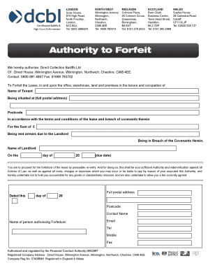Fillable Online Authority to Forfeit - Direct Collection Bailiffs Ltd ...