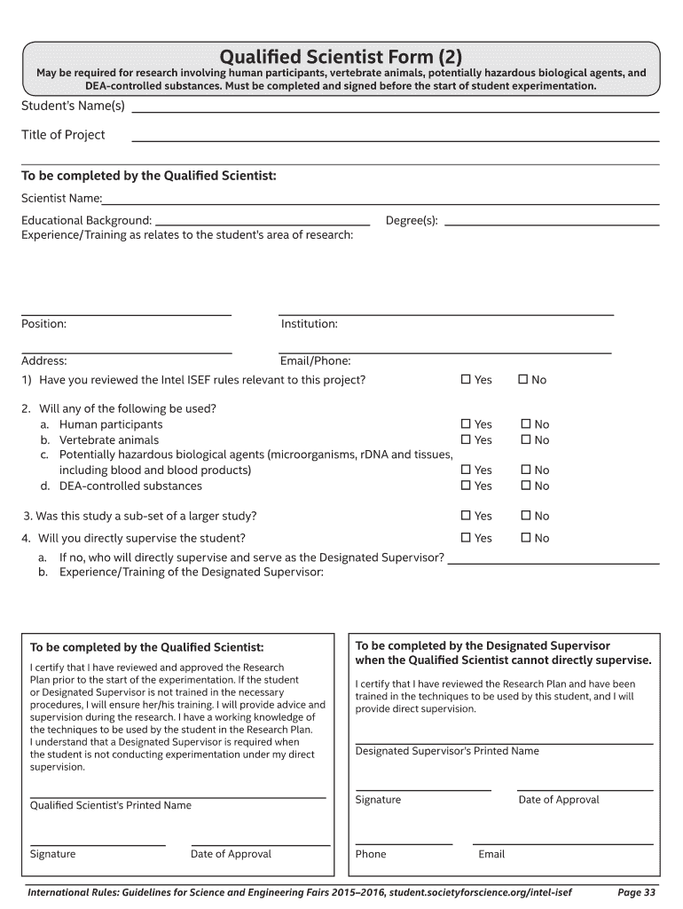 Fillable Online Qualified Scientist Form (2) May be required for ...