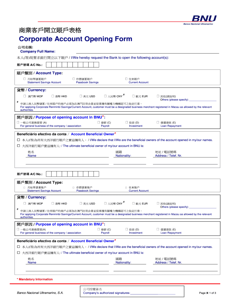 Fillable Online BNU Banco Nacional Ultramarino Corporate Account ...