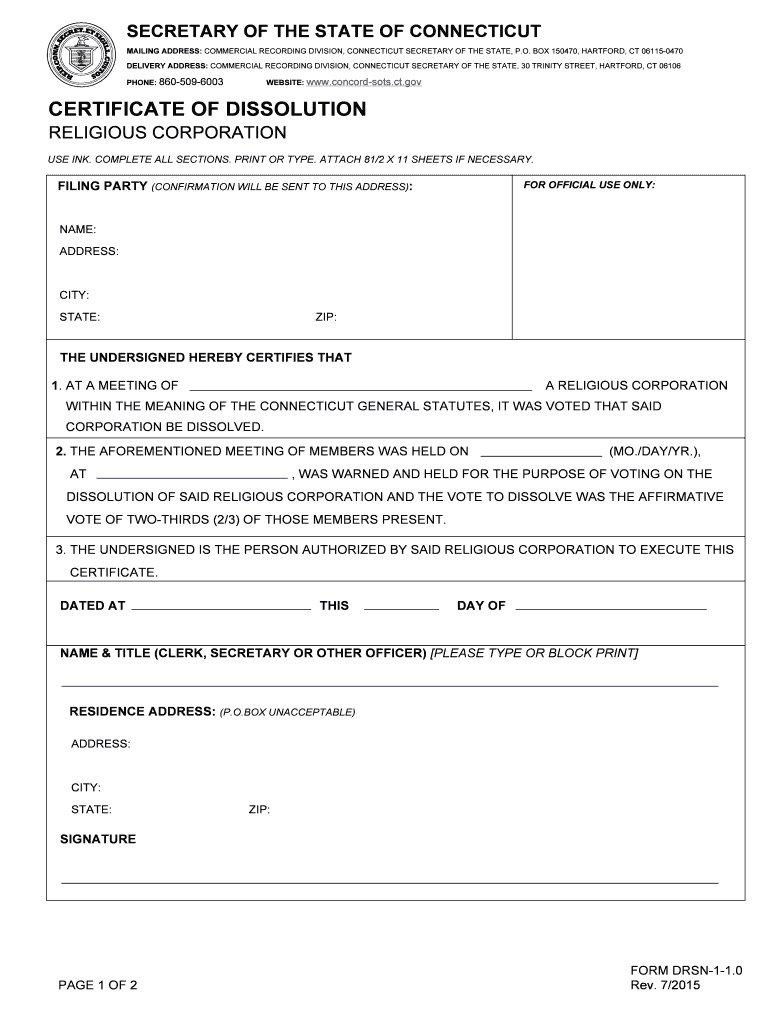 Fillable Online CERTIFICATE OF DISSOLUTION - CTgov Fax Email Print ...
