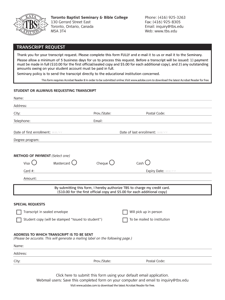 Fillable Online tbs Transcript Request Form - Toronto Baptist Seminary ...