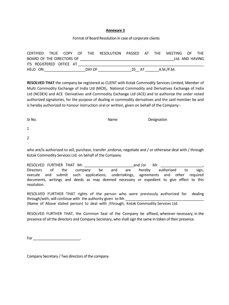 Fillable Online Annexure 3 Format of Board Resolution in case of ...