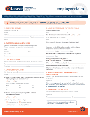 Fillable Online QLeave BCI Employer Claim Form - July 2015 Fax Email ...