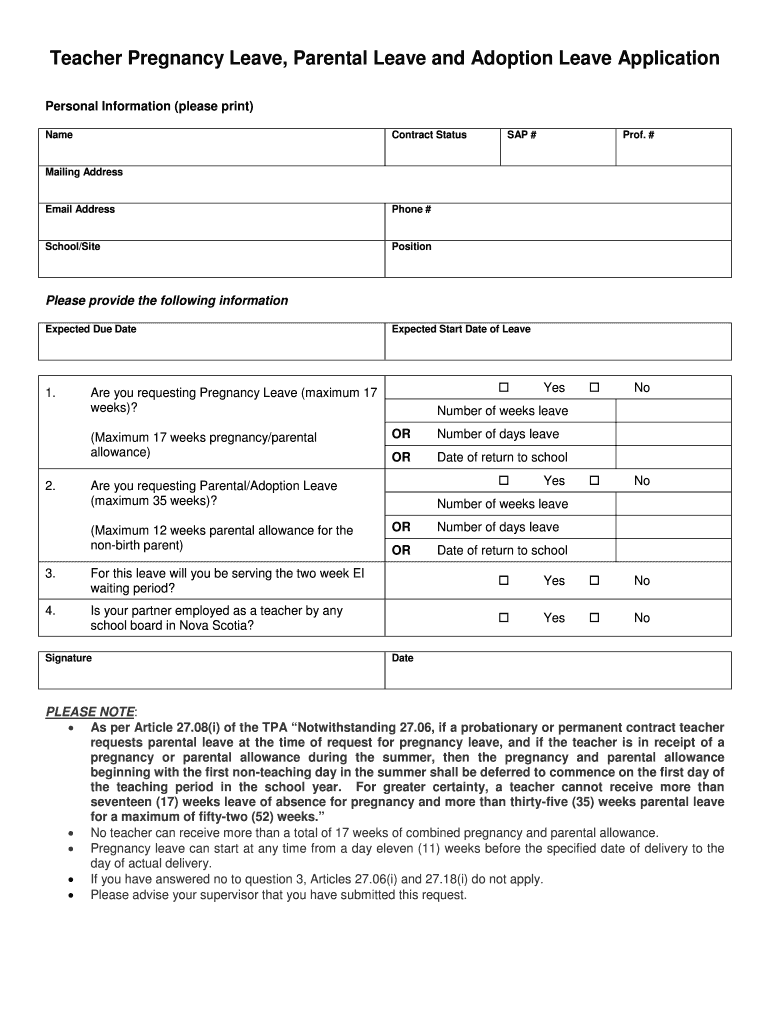 Fillable Online Teacher Pregnancy Leave, Parental Leave and Adoption ...