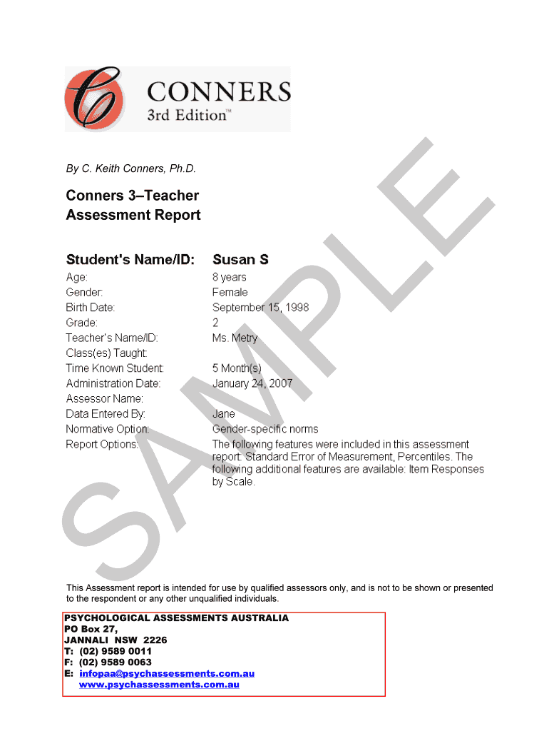 Fillable Online Conners 3Teacher Assessment Report - Psychological Fax ...