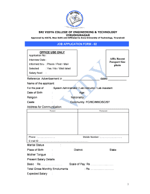 Fillable Online srividyaengg ac Job Application Form - Sri Vidya ...