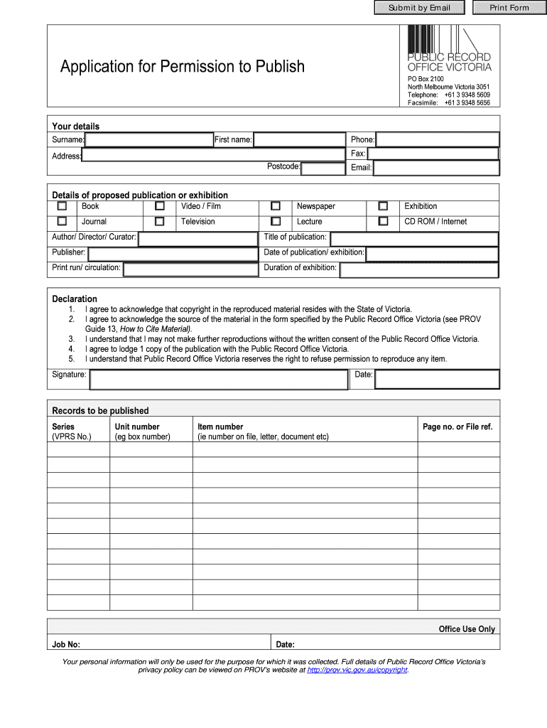 Fillable Online prov vic gov BApplicationb for Permission to Publish - Public Record Office ...