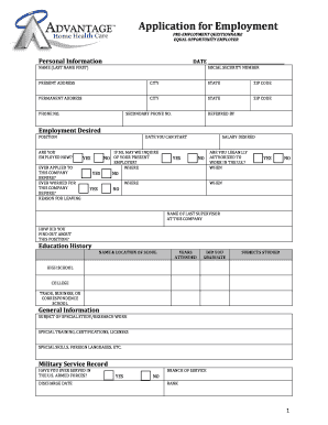 Fillable Online Advantage Home Health Career Application Fax Email ...