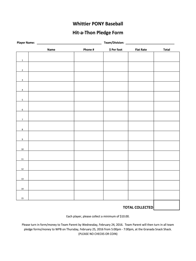 2016 2023 Form Whittier PONY Baseball Hit a Thon PledgeFill Online 