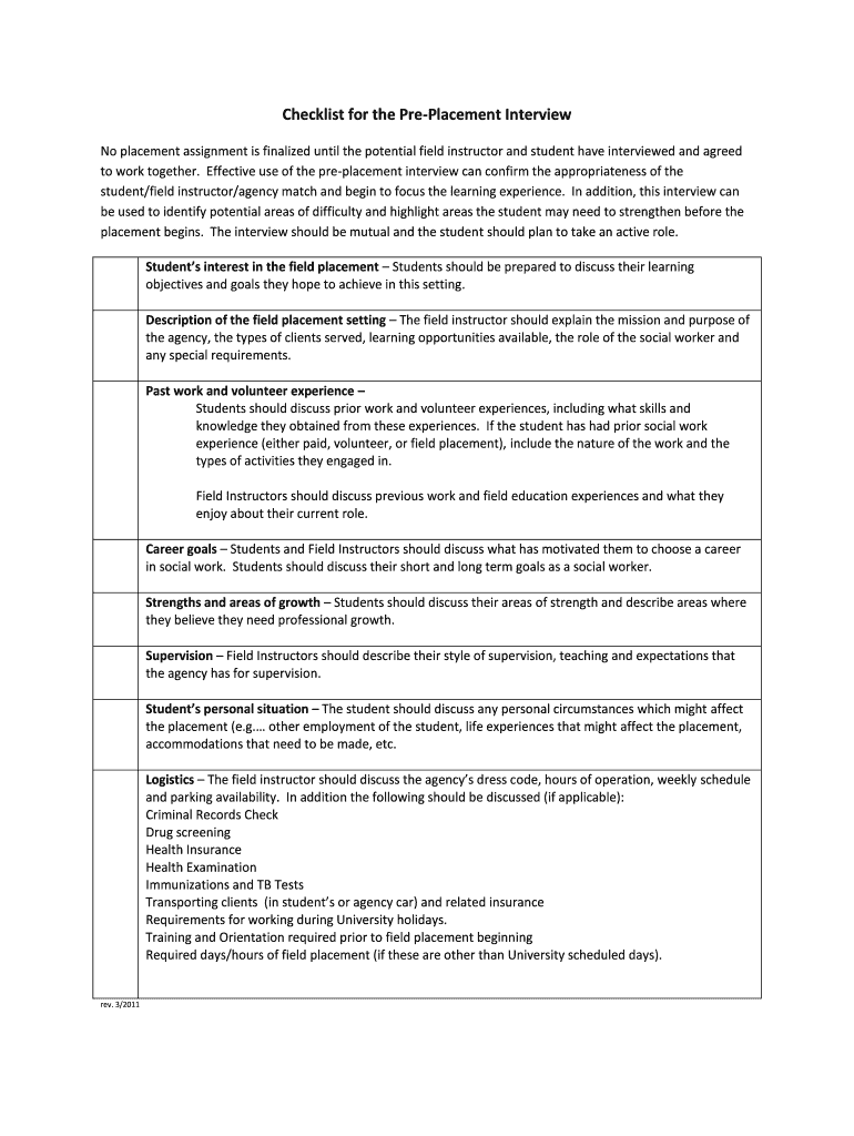 Fillable Online Checklist for the Pre-Placement Interview Fax Email ...