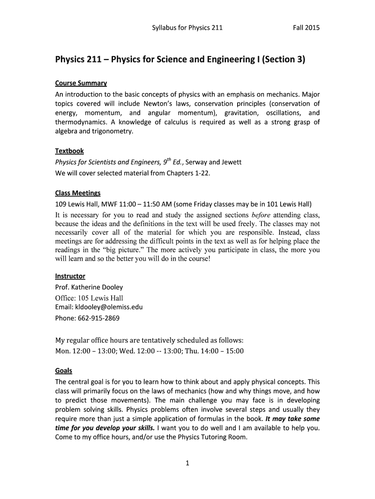 Fillable Online Physics 211 Physics for Science and Engineering I ...