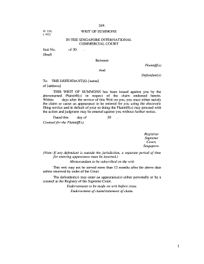 Fillable Online sicc gov WRIT OF SUMMONS Fax Email Print - pdfFiller