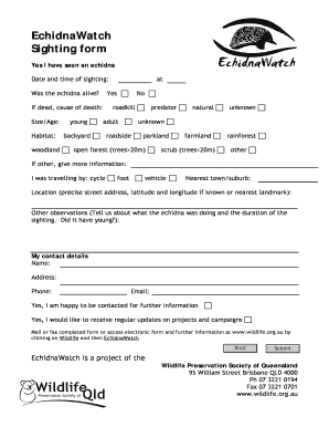 Fillable Online wildlife org EchidnaWatch Sighting Form EchidnaWatch ...