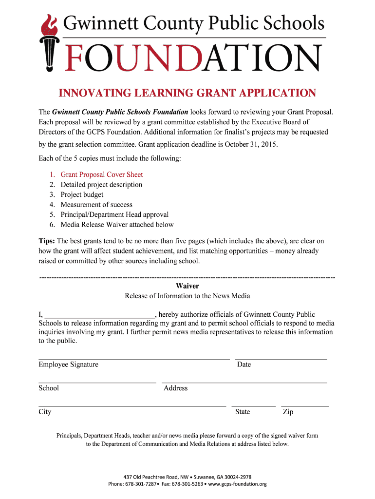 Fillable Online 2015 Innovating Learning Grant Application - GCPS ...