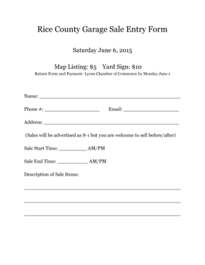 Fillable Online Rice County Garage Sale Entry Form Fax Email Print ...