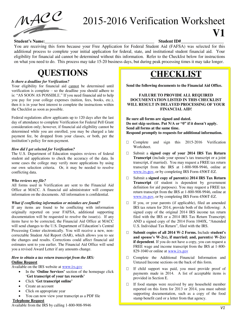 Fillable Online 20152016 Verification Worksheet V1 Students Name ...