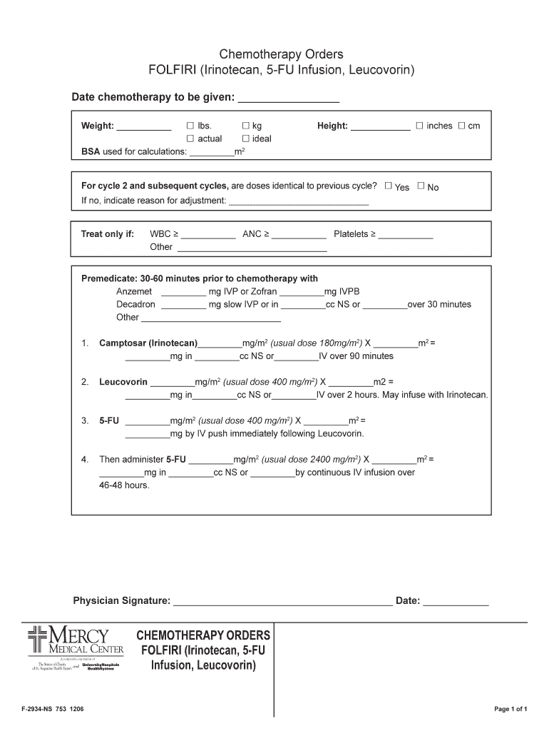 Fillable Online cantonmercy CHEMOTHERAPY ORDERS FOLFIRI Irinotecan 5-FU ...