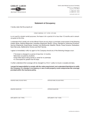 Fillable Online Statement of Occupancy - Great Lakes Mutual Insurance ...
