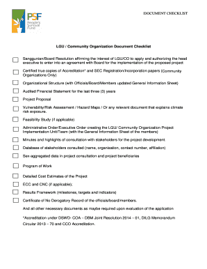 Fillable Online psf climate gov LGU / Community Organization Document Checklist Fax Email Print ...