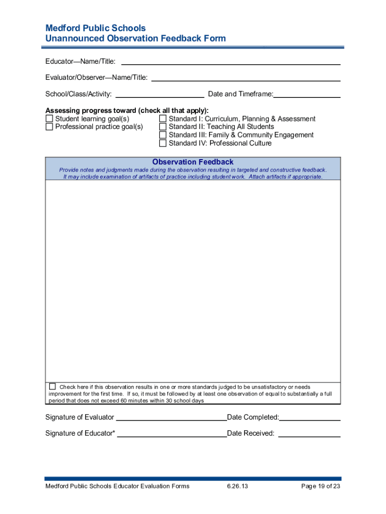 Fillable Online Unannounced observation feedback form - Medford Public ...