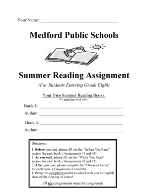 Fillable Online Grade 8 Summer Reading List with Project and Rubric Fax ...