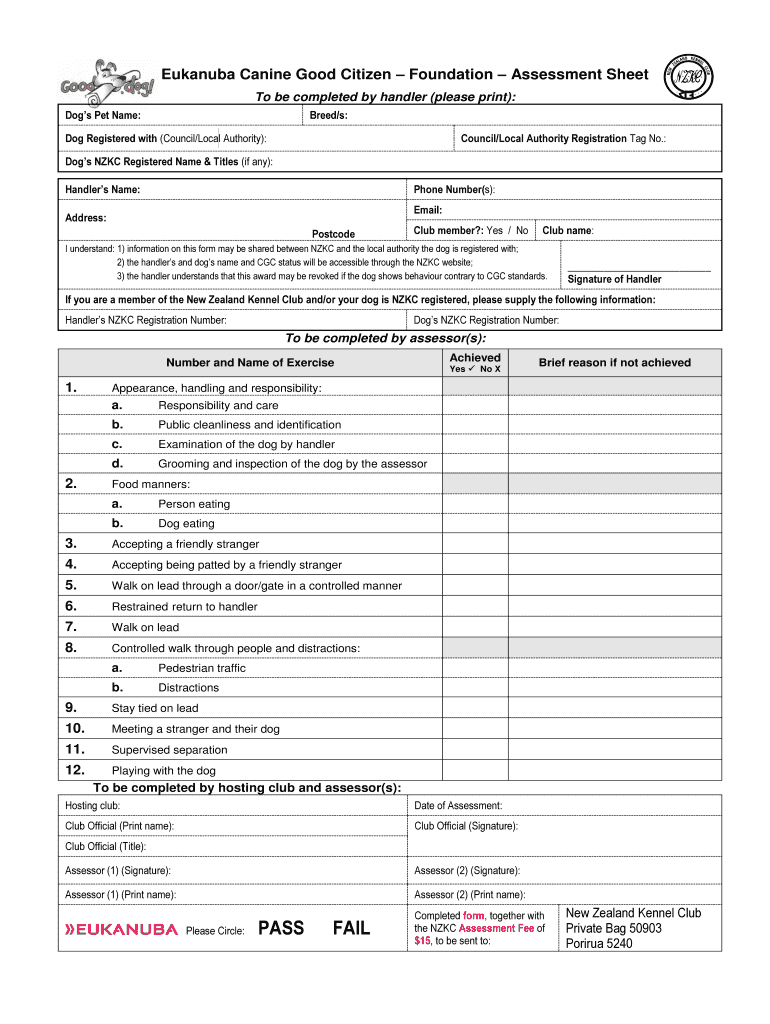 Fillable Online Eukanuba Canine Good Citizen Foundation Assessment ...