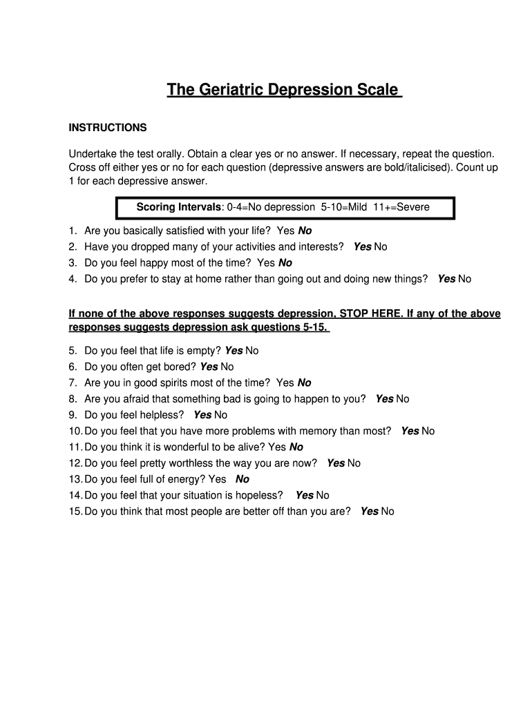 Fillable Online The Geriatric Depression Scale Fax Email Print - pdfFiller