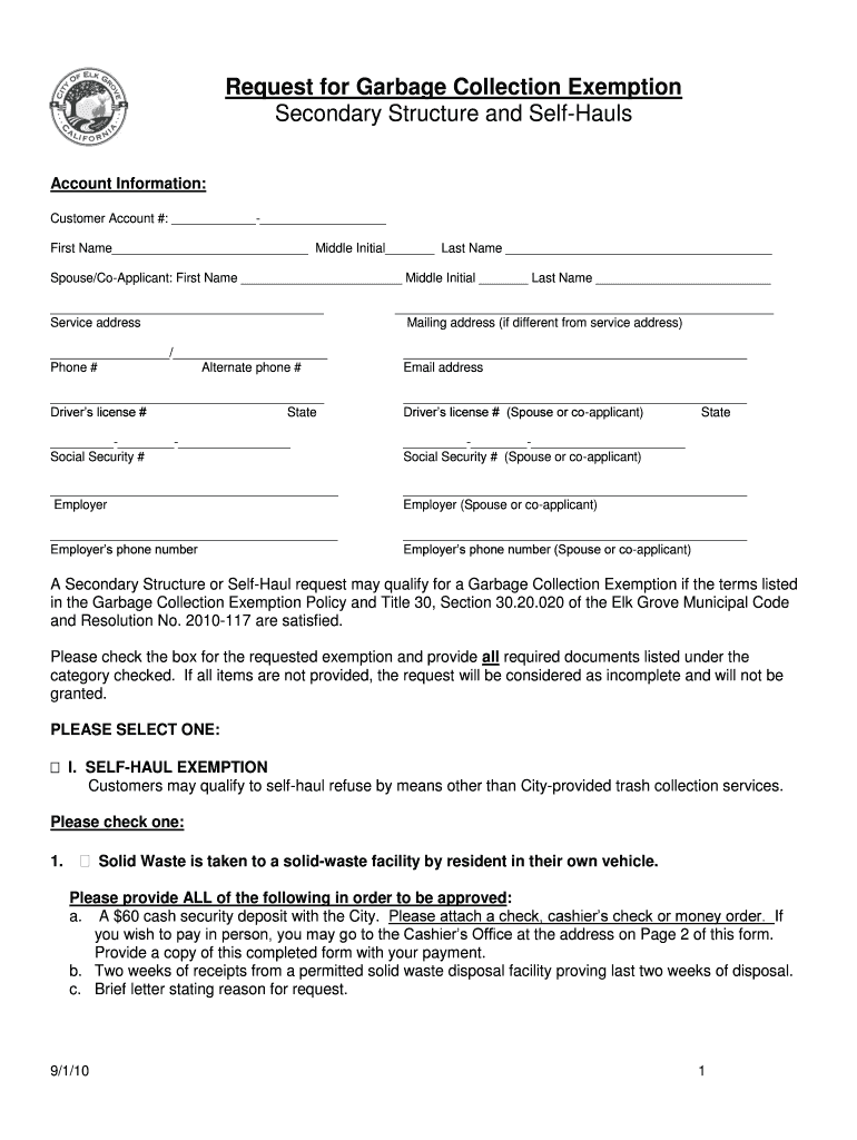 Fillable Online Request for Garbage Collection Exemption - City of Elk ...