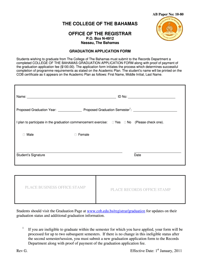 Fillable Online cob edu Graduation Application Form wef 1 Jan 2011 ...
