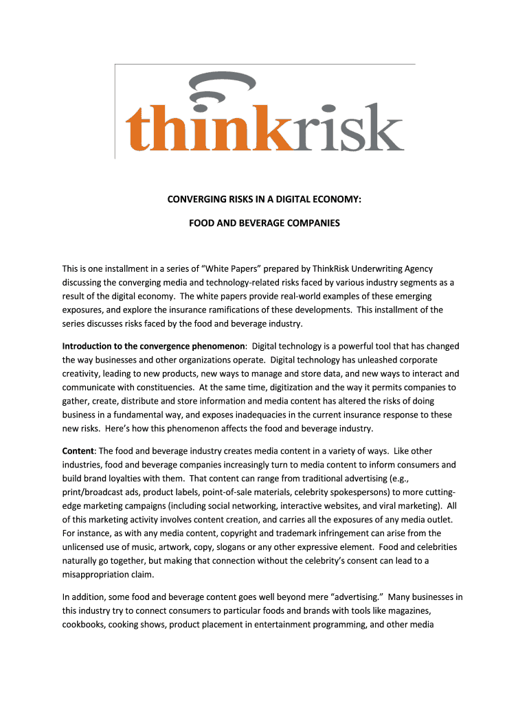 Fillable Online Food Beverage - ThinkRisk Fax Email Print - pdfFiller