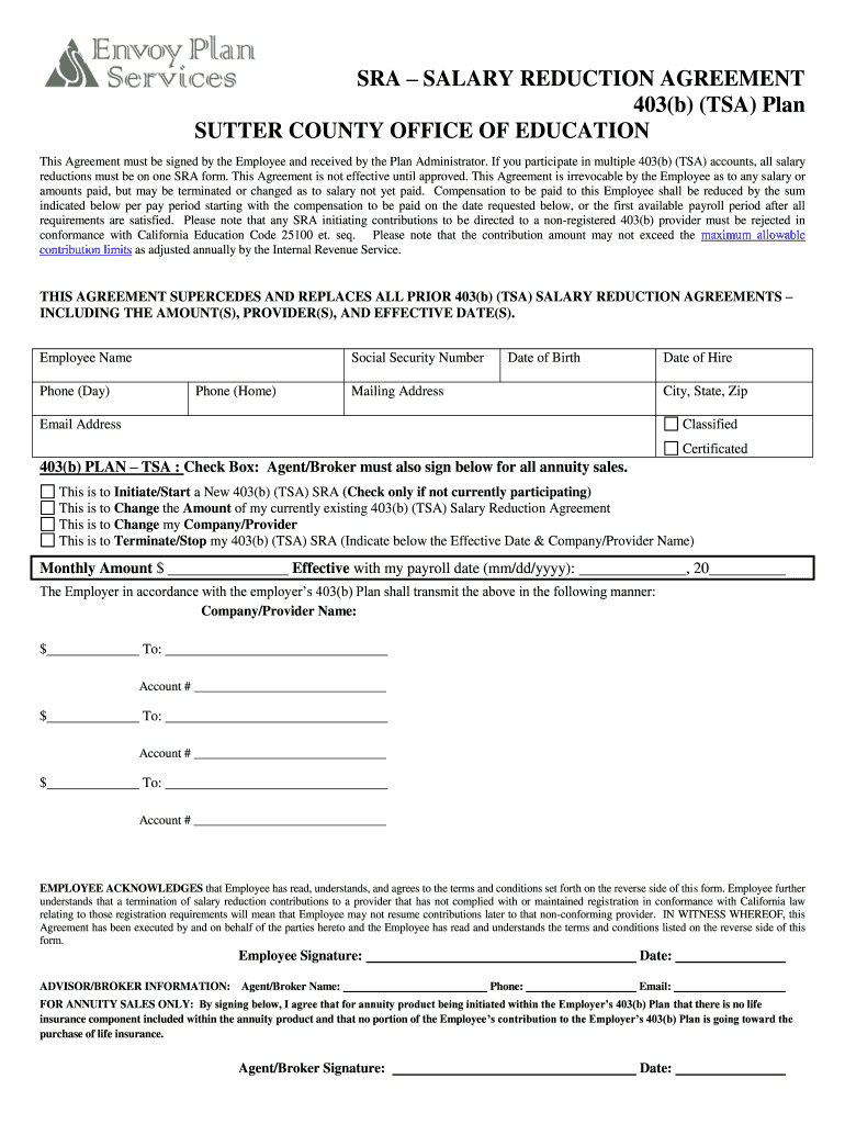 Fillable Online SRA SALARY REDUCTION AGREEMENT 403(b) (TSA) Plan SUTTER ...