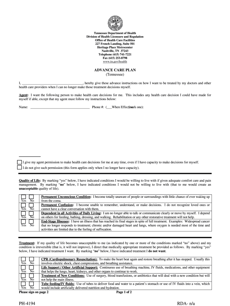 Fillable Online TN Dept of Health Advance Care Plan Form Fax Email ...