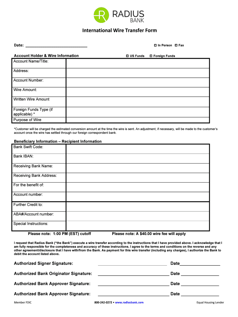 Fillable Online International Wire Transfer bFormb - Radius Bank Fax ...