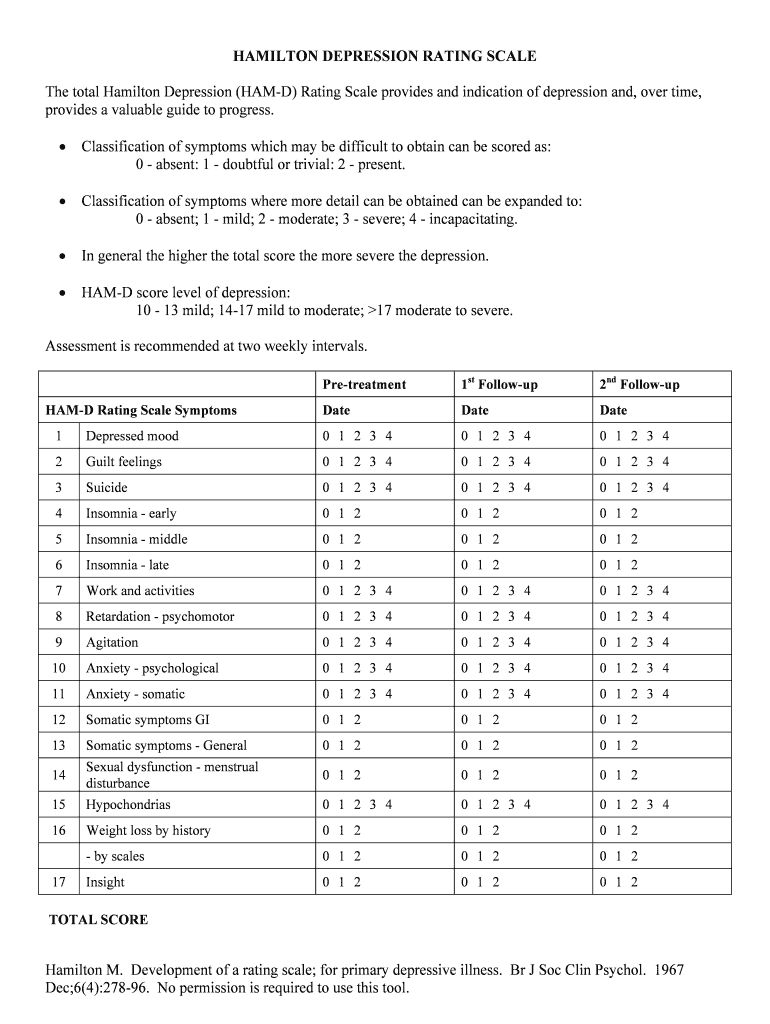 Fillable Online HAMILTON DEPRESSION RATING SCALE Fax Email Print - pdfFiller