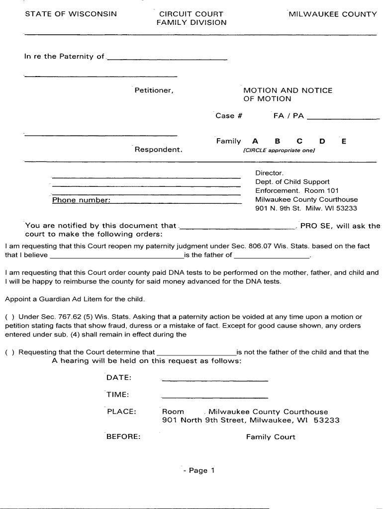 Fillable Online Motion to reopen paternity or divorce for dna blood ...