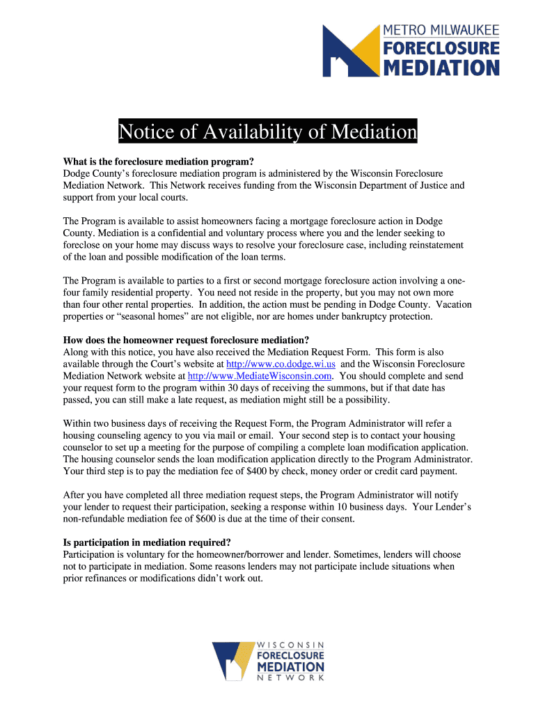 Fillable Online Dodge County Notice of Availability of Mediation Form ...