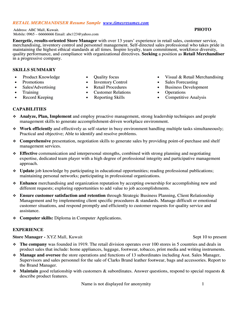Fillable Online Retail-Merchandiser-Resume-Sample Retail-Merchandiser ...
