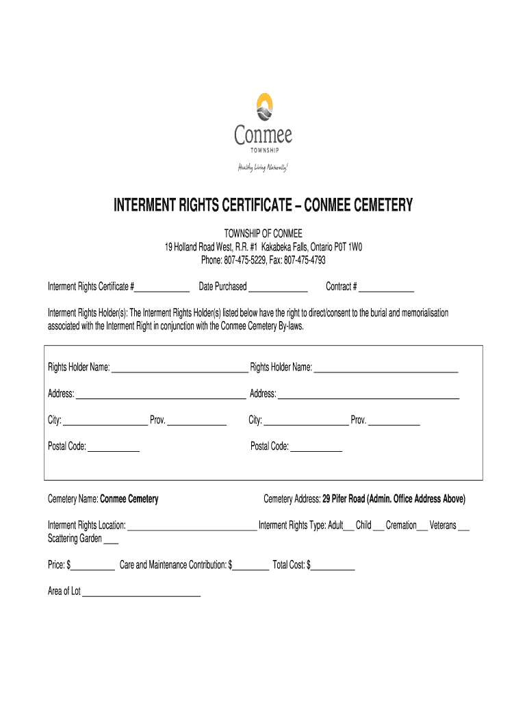 Fillable Online Interment rights certificate conmee cemetery - Conmee ...