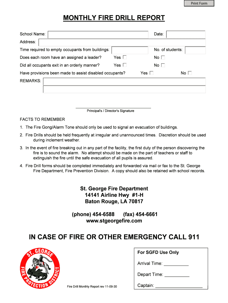 Fillable Online Monthly fire drill report - St George Fire Protection District Fax Email Print ...