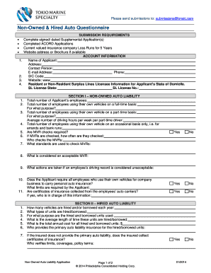 Fillable Online Hired and Non-Owned Auto Questionnaire - Tokio Marine ...