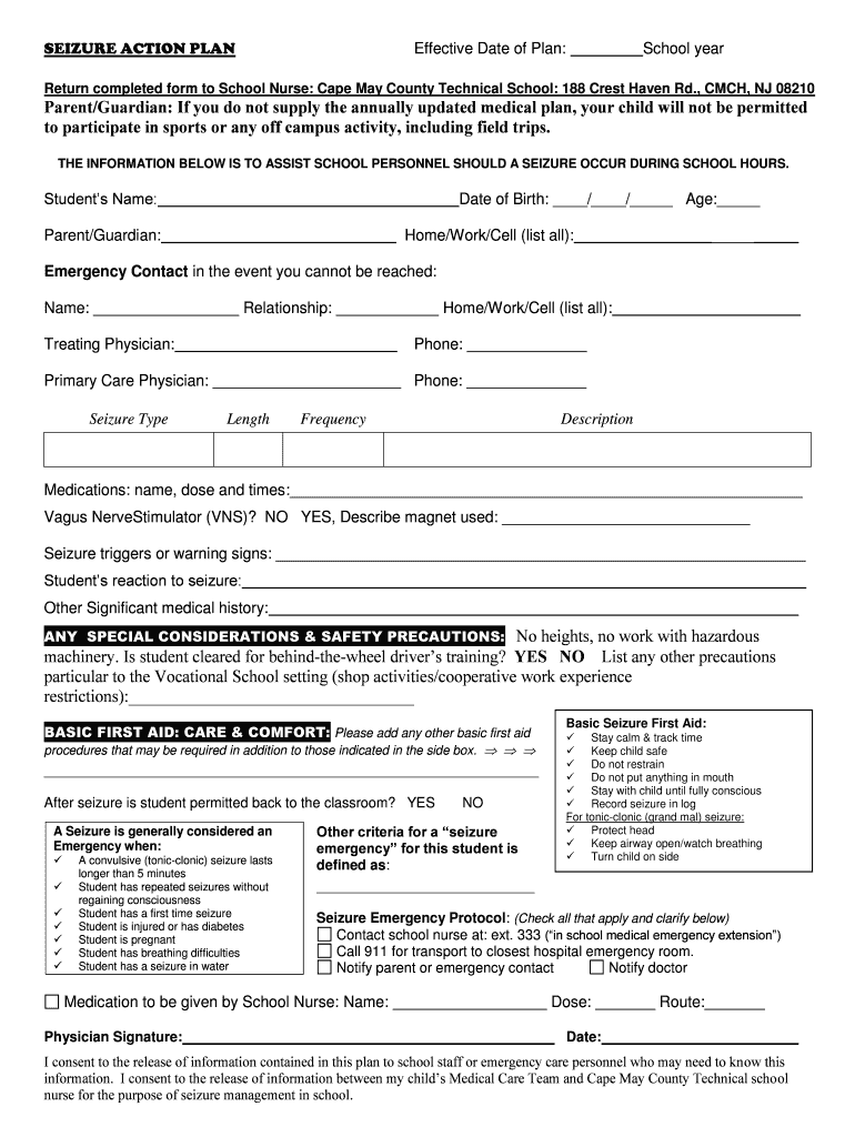 Fillable Online Seizure Action Plan - Cape May County Technical School ...