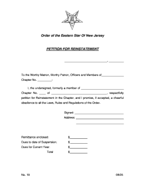 Fillable Online Reinstatement Form - New Jersey Grand Chapter OES Fax ...