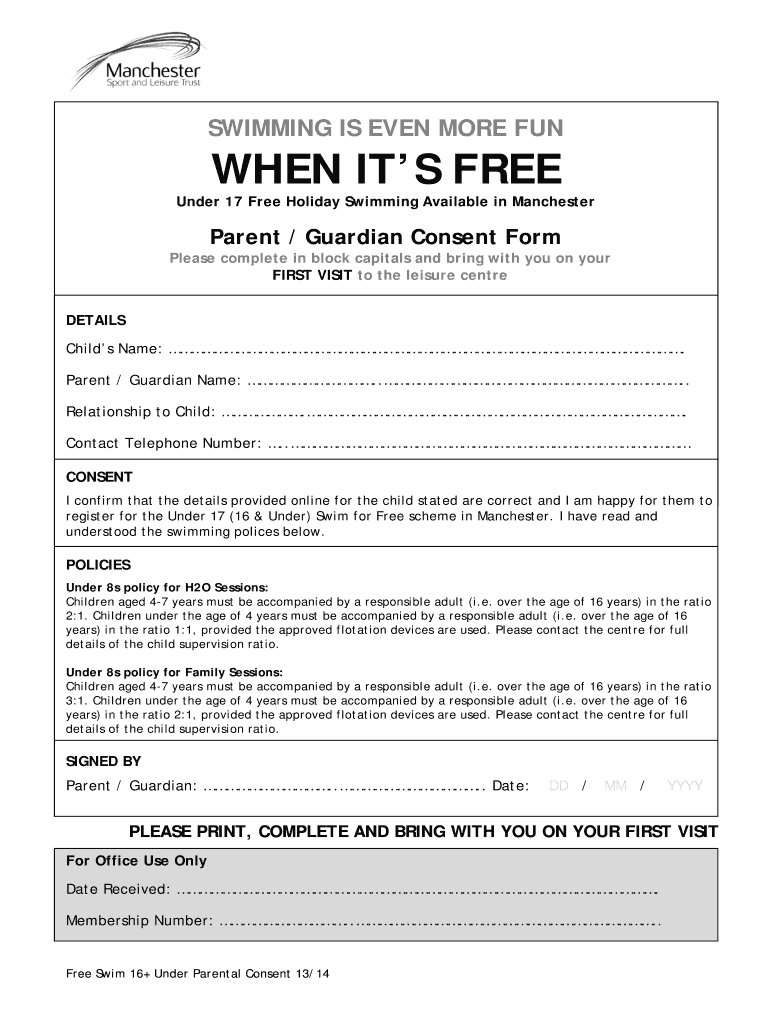 Fillable Online manchestersportandleisure Free Swimming Parental ...